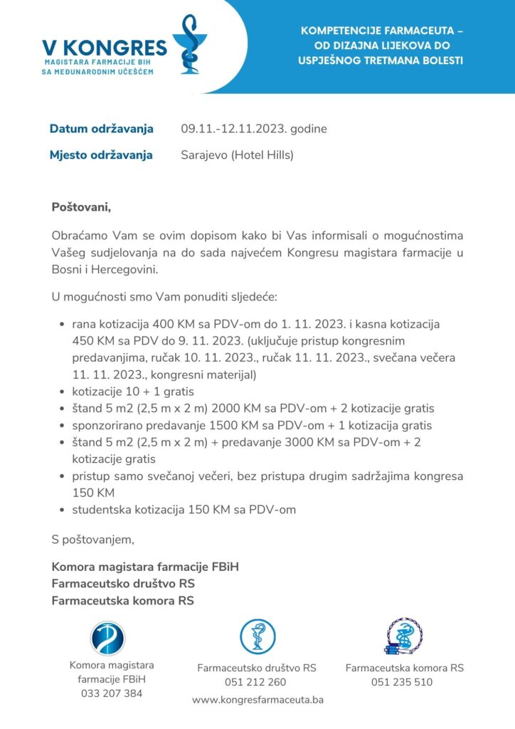 V KONGRES MAGISTARA FARMACIJE BIH SA MEĐUNARODNIM UČEŠĆEM – Komora ...