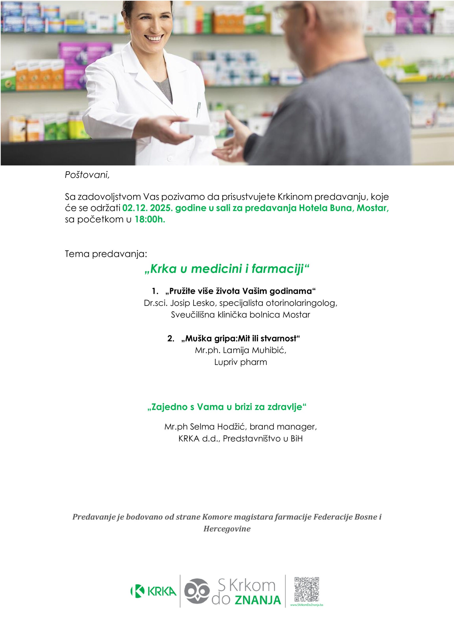 Bodovano predavanje – Krka u medicini i farmaciji – Komora magistara farmacije FBiH